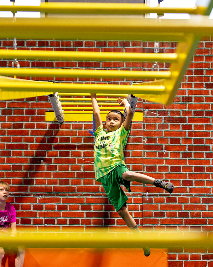 Monkey see, monkey do takes on new meaning when faced with this challenging traverse. Those little arms are building tomorrow's strength today.