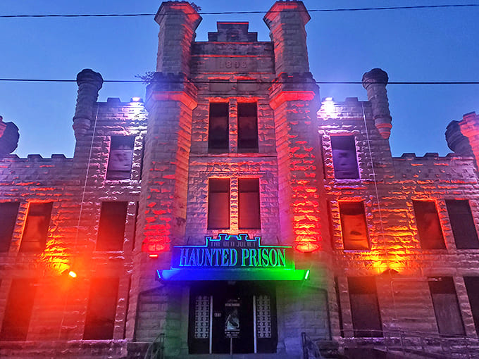 Under dramatic lighting, the prison transforms from historical site to haunted attraction, playing up its naturally spooky Gothic architecture.