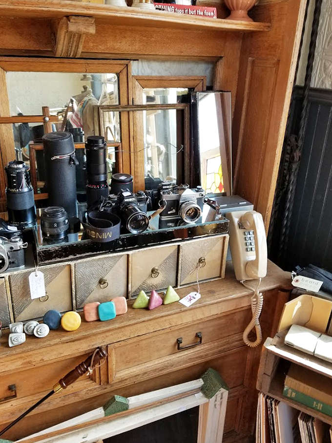 A collection of vintage cameras and equipment sits atop an antique dresser, mechanical eyes that have witnessed decades now waiting for their next keeper.