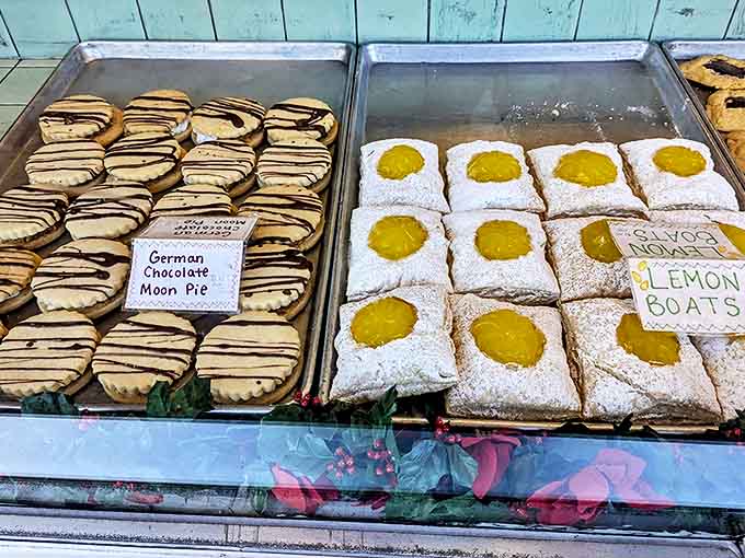 German Chocolate Moon Pies and Lemon Boats sail side by side in this display case ocean of temptation.