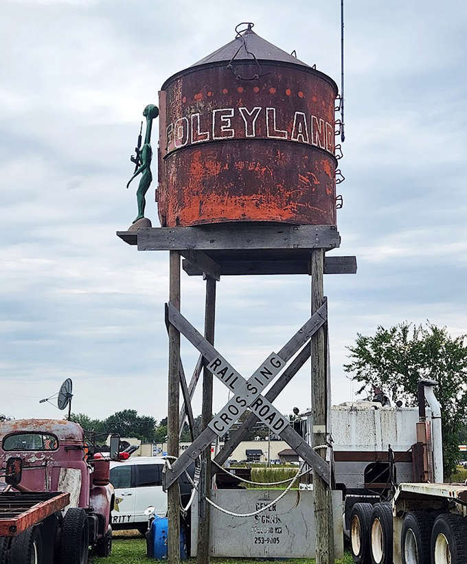 Foleyland's rusty water tower stands sentinel over this metal menagerie, proudly announcing you've arrived somewhere decidedly different from the rest of Minnesota.