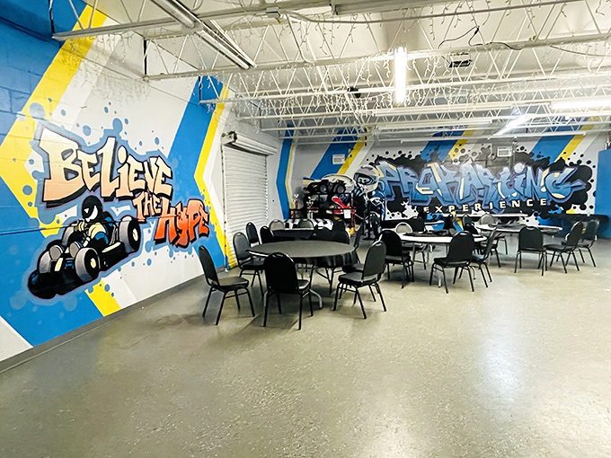 Between racing sessions, the comfortable seating area offers a place to compare lap times and strategize for the next heat.