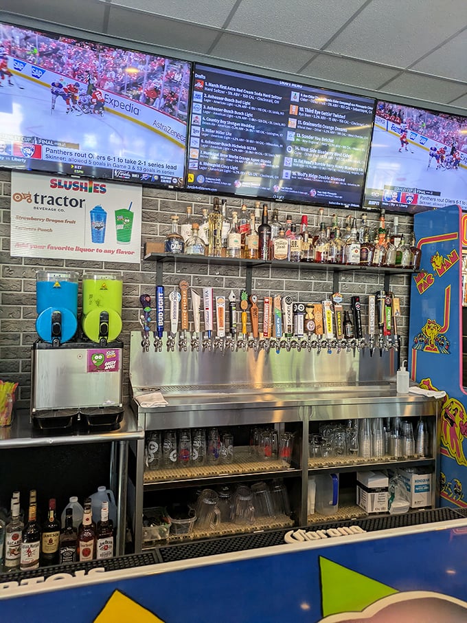 The impressive bar boasts a lineup of craft beers and creative cocktails that elevate the gaming experience to sophisticated new heights.