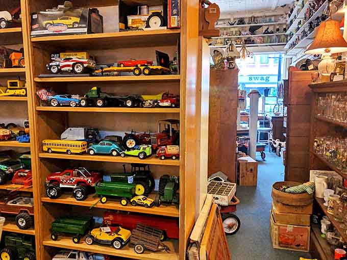 Vintage toy vehicles await new adventures, their vibrant colors and sturdy construction a testament to an era when toys were built to last.