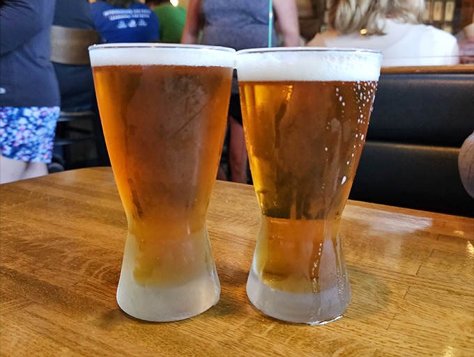 Cold beer in frosty glasses &ndash; the perfect companions to Lions Tap's legendary burgers. Simple pleasures, perfectly executed.