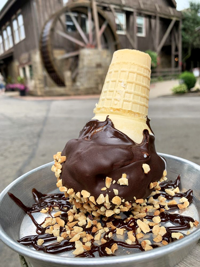 Gravity-defying ice cream perfection – that chocolate-dipped cone with nuts is basically the Sistine Chapel of frozen dairy art.