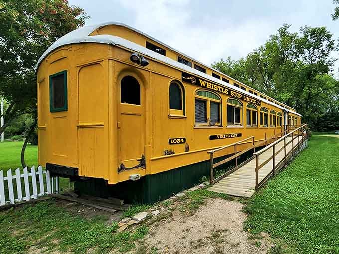 The golden Viking Car gleams in the afternoon light, its regal presence a reminder of when train travel was the height of luxury.