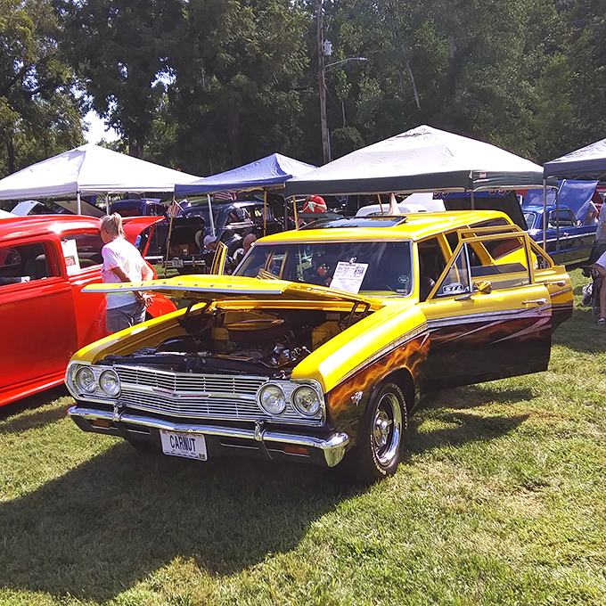 This sunshine-yellow vintage wagon isn't just transportation &ndash; it's rolling art, meticulously restored and proudly displayed during Maeystown's car shows.