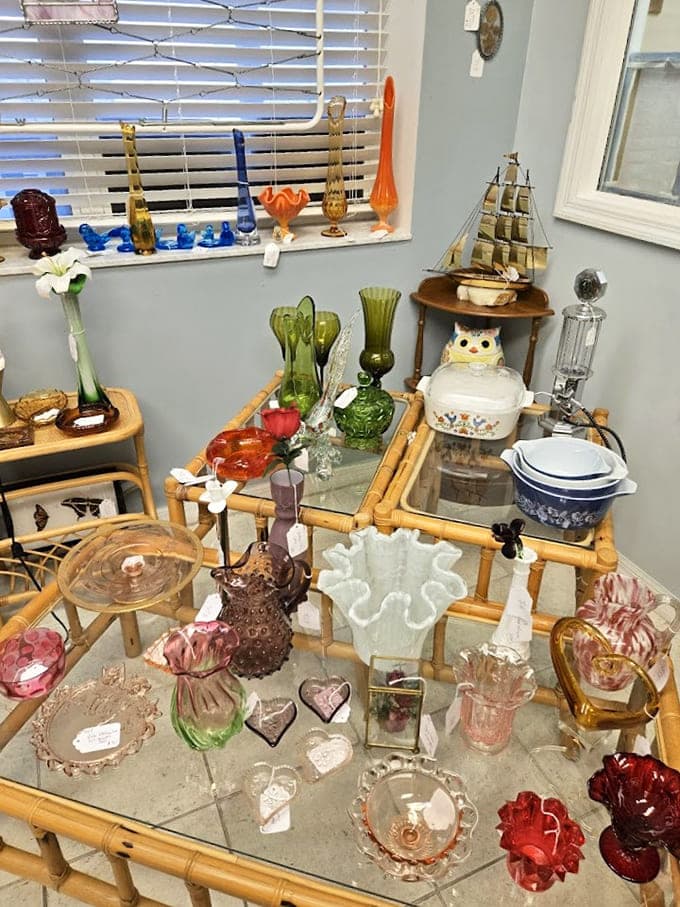 Delicate glassware catches the light while vintage ceramics stand ready to bring charm to any table &ndash; history you can actually use.