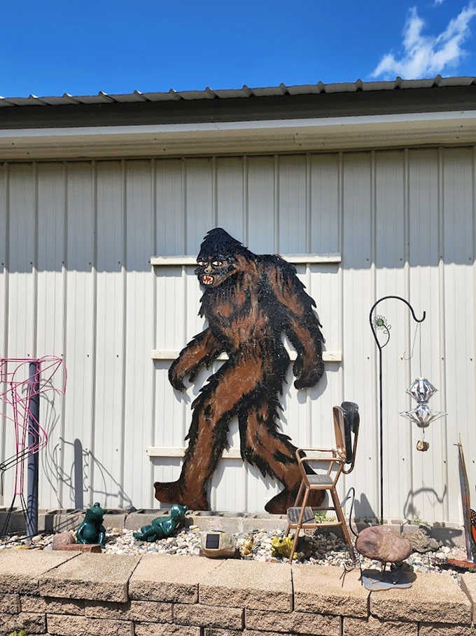 Sasquatch lurks on the side of this building &ndash; perhaps even mythical creatures need facilities during their forest wanderings.