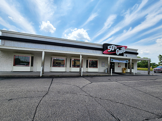 50's Grill's distinctive signage and classic white exterior transport visitors to a simpler time in Brooklyn Center.