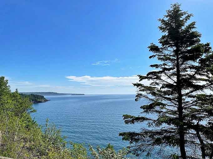 Lake Superior stretches endlessly toward the horizon, looking more like an ocean than a lake from this stunning Gitchi Gummi Trail viewpoint.
