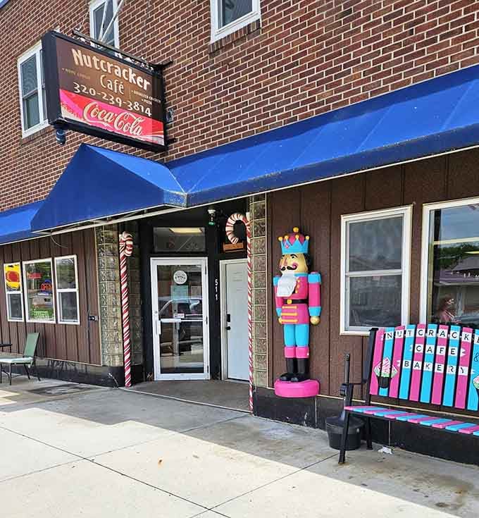That cheerful nutcracker standing guard outside promises year-round Christmas magic and fresh-baked treats beyond the door.
