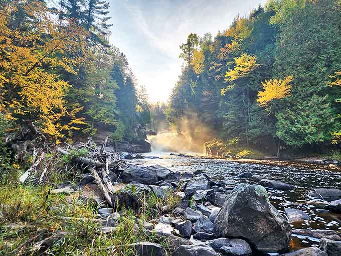 Sturgeon Falls thunders through a narrow channel, demonstrating water's incredible power to shape the landscape.
