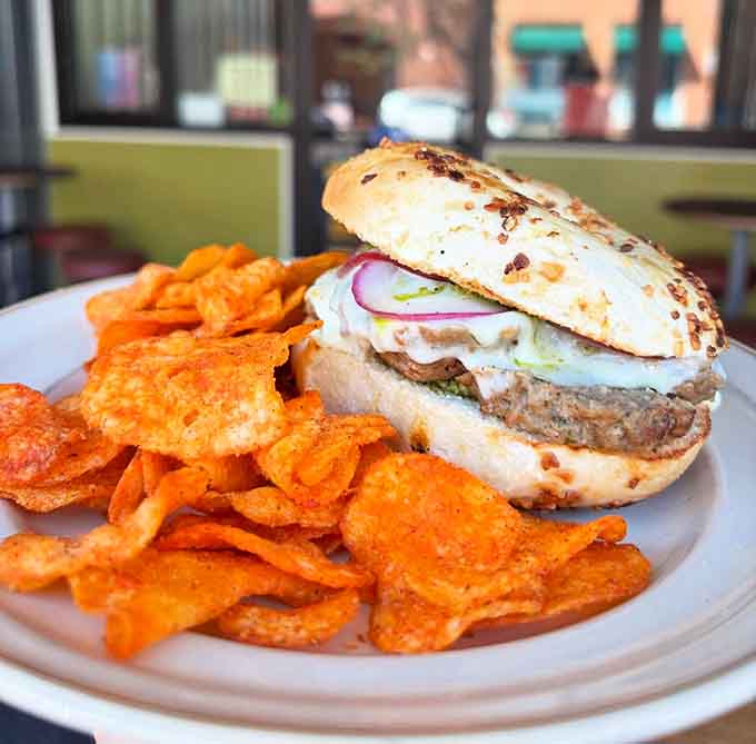 Crispy chips provide the perfect crunchy counterpoint to a hearty bagel sandwich that satisfies on every level.