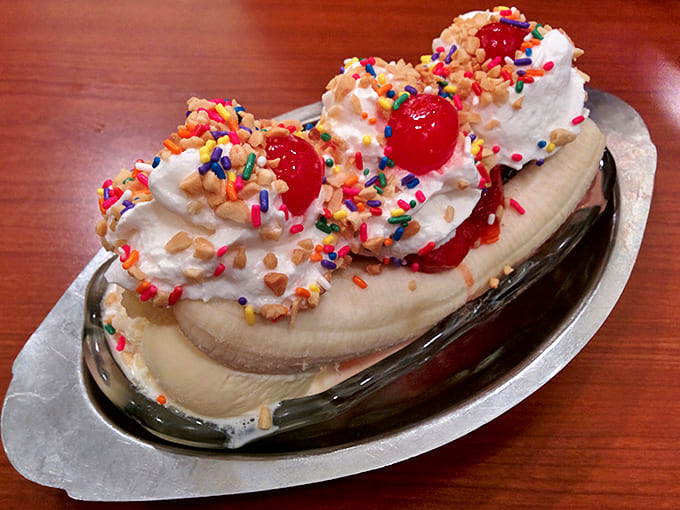 The classic banana split in all its glory, because sometimes you need every topping at once and that's okay.