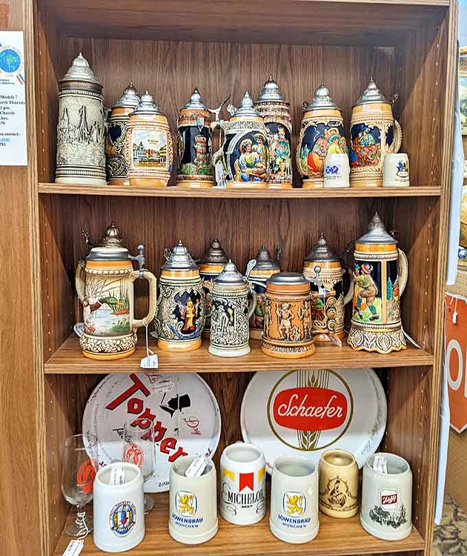 German beer steins that have seen more Oktoberfests than you ever will, alongside vintage brewery memorabilia that makes modern craft beer seem like an amateur hour.