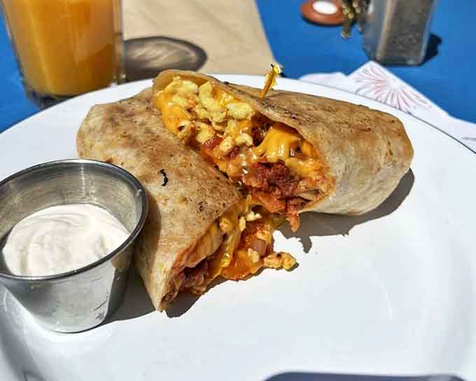 Breakfast burritos should all aspire to this level of perfection &ndash; stuffed with eggs, cheese, and bacon, then grilled until the tortilla achieves that ideal crispness.