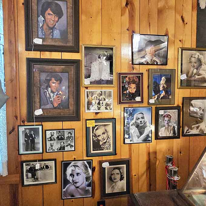 Hollywood's golden age lives on this wall, where iconic faces from yesteryear gaze out from their frames with timeless charisma.