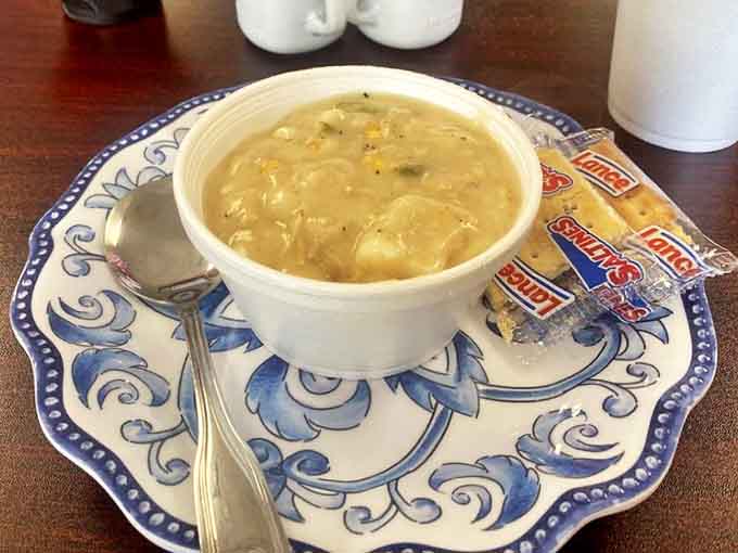 Their homemade chicken and dumpling soup tastes like someone's grandmother is in the kitchen, stirring love into every spoonful.