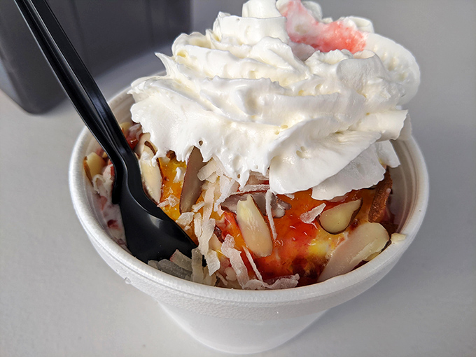 Tropical paradise in a cup &ndash; coconut ice cream topped with whipped cream and fruit, bringing vacation vibes with every spoonful.
