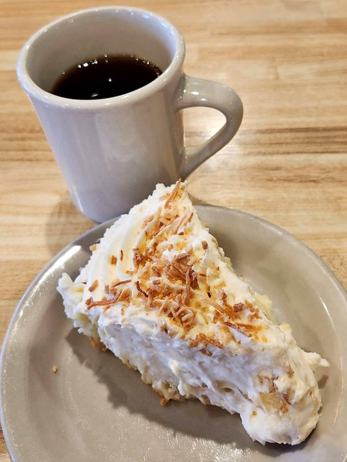 A slice of coconut cream pie alongside a sturdy mug of coffee &ndash; the perfect finale to any McCormick's meal or reason enough for its own special visit.