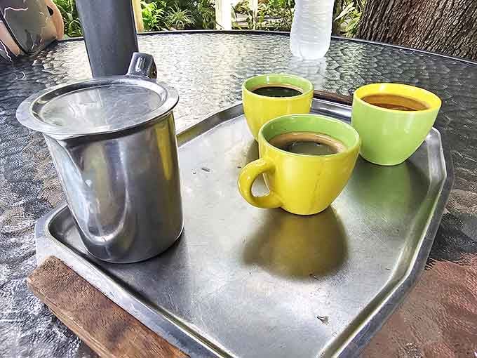 Coffee served in cheerful mismatched mugs tastes better than coffee in boring corporate cups, science probably backs this up.