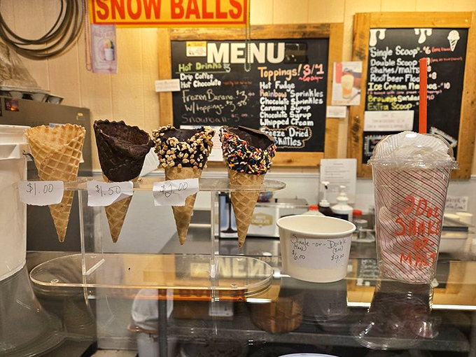 Dipped waffle cones stand at attention like delicious soldiers, each waiting to be paired with scoops of homemade ice cream.