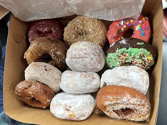 A dozen reasons to cancel your diet plans, neatly arranged in a box that's basically a treasure chest of fried dough perfection.