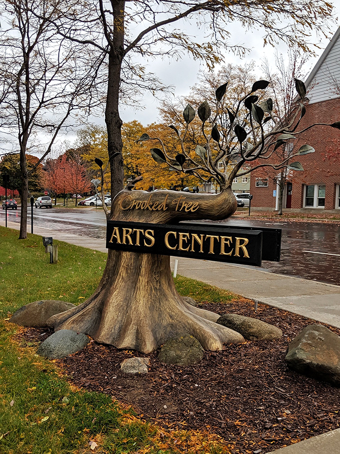 The Crooked Tree Arts Center sign captures Petoskey's creative spirit—where art grows as naturally as the town's namesake stones.