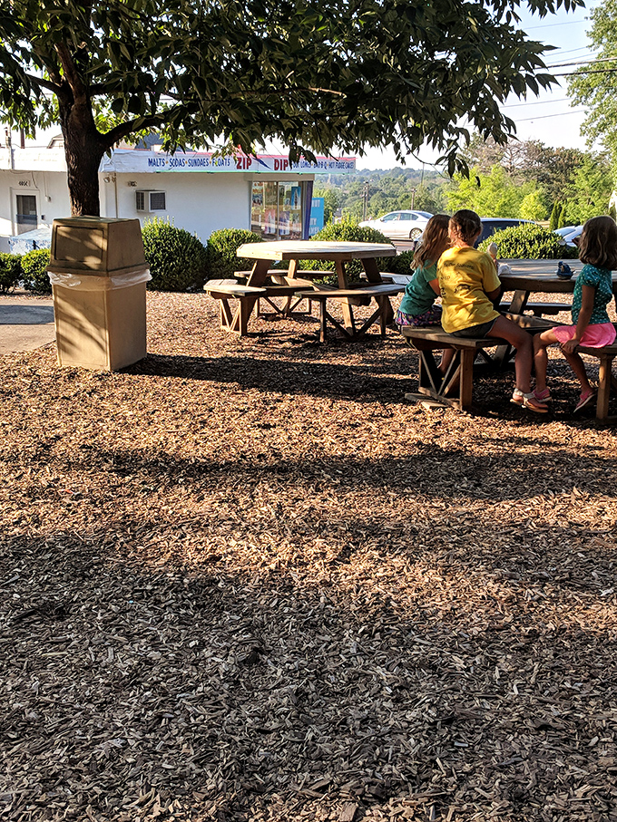 The outdoor seating area where generations have gathered to enjoy frozen treats under the shade of nearby trees.