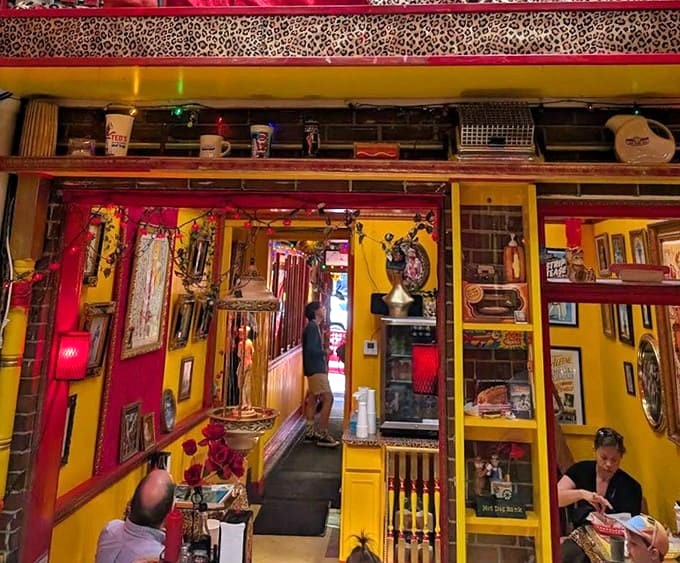 The decor is what would happen if a hot dog fell in love with a disco ball and they decorated together after winning the lottery.