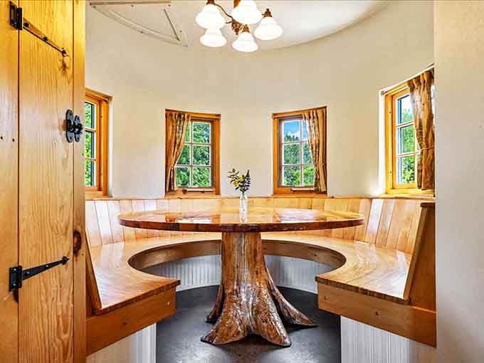 The circular dining nook with its remarkable tree-trunk table creates an intimate setting where meals become memorable events rather than mere necessities.
