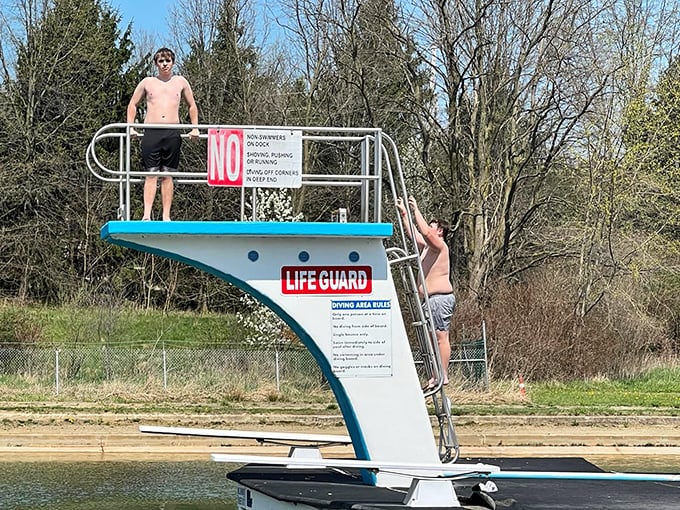 The diving platform: where courage is tested, cannonballs are perfected, and parents pretend they're not nervous watching their kids leap into summer glory.