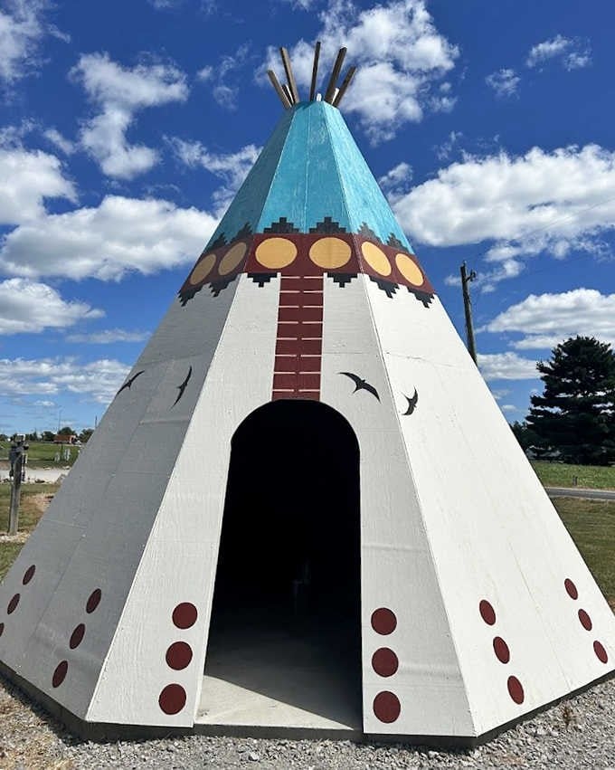 The outdoor teepee structure serves as both a nod to Native American heritage and an irresistible backdrop for visitors' memory-making photos.
