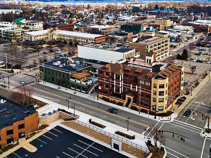 An aerial view reveals Grand Haven's compact downtown, where everything you need is within a pleasant walk.