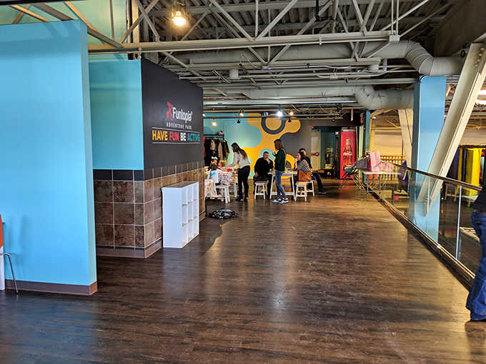 The event space stands ready for birthday celebrations, where sugar-fueled excitement meets climbing challenges and parents enjoy the gift of no at-home cleanup.