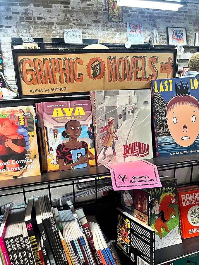 The graphic novel section houses everything from underground classics to emerging talents, carefully organized yet still feeling like a treasure hunt.
