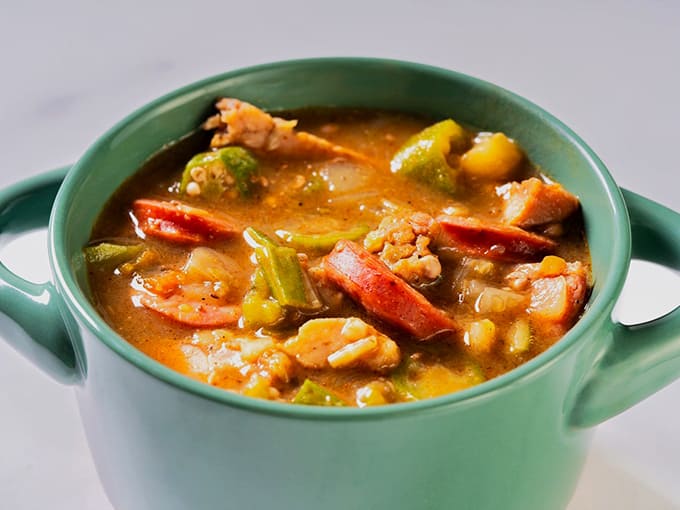 This gumbo is the real deal, packed with sausage, chicken, and okra in a broth that'll warm you better than any blanket.