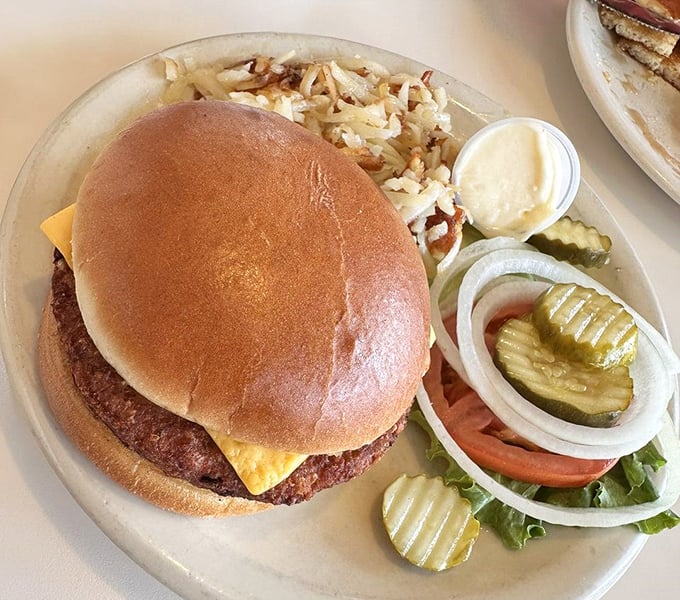 A hand-formed patty on a pillowy bun with all the fixings &ndash; proof that Merry Ann's isn't just a breakfast one-trick pony.