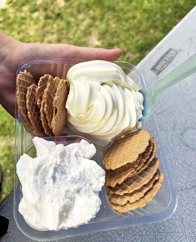 Handcrafted waffle cones cradle their precious cargo with dignity. The perfect vessel for these divine creations &ndash; crisp, fragrant, and freshly made.