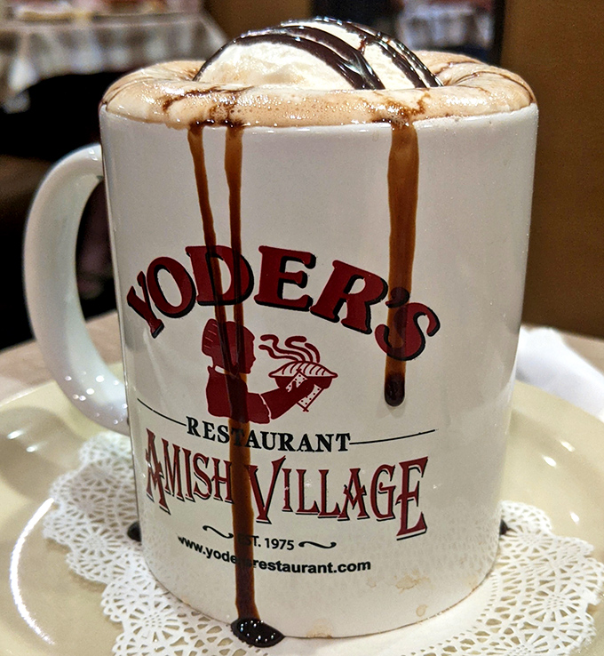 Hot chocolate becomes an event at Yoder's, with chocolate drizzle cascading down the sides of a mug that's practically begging to be photographed.