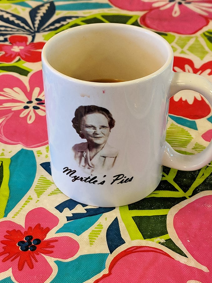 Even the coffee mugs tell a story at Myrtle's, with the bakery's namesake watching over every sip and bite.
