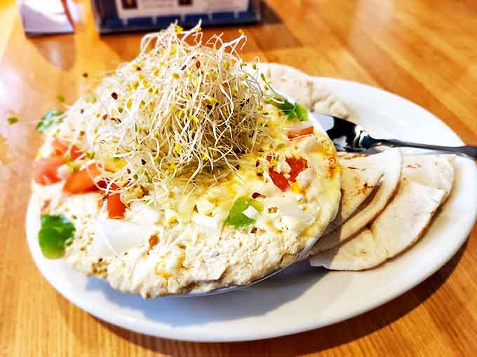 Hummus Plate: Creamy hummus crowned with a garden of fresh vegetables and a sprinkle of seeds, served with warm pita triangles for the perfect scoop.