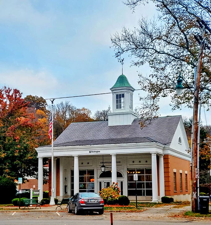 Even banking feels charming when done in a building that looks like it belongs on a New England village green.