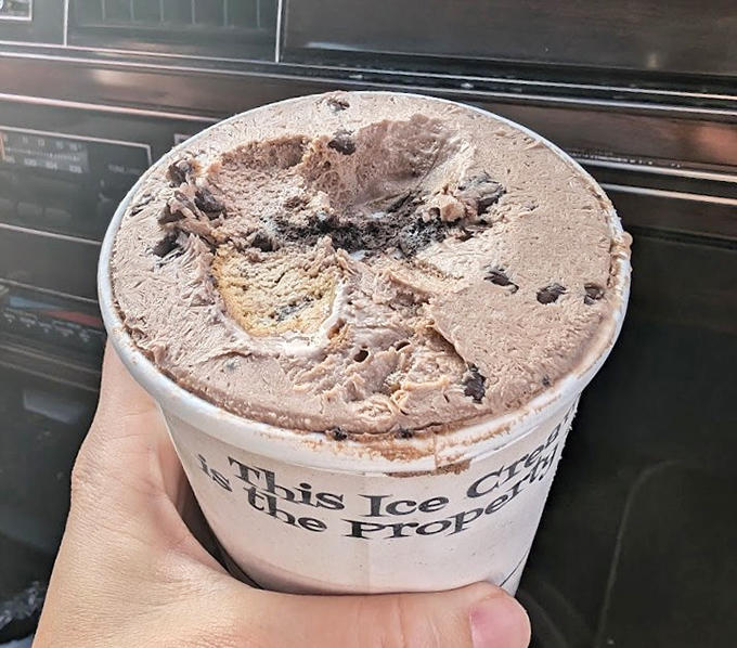 "This Ice Cream is the Property of..." warns the cup, as if anyone could resist claiming ownership of this chocolate chunk masterpiece.