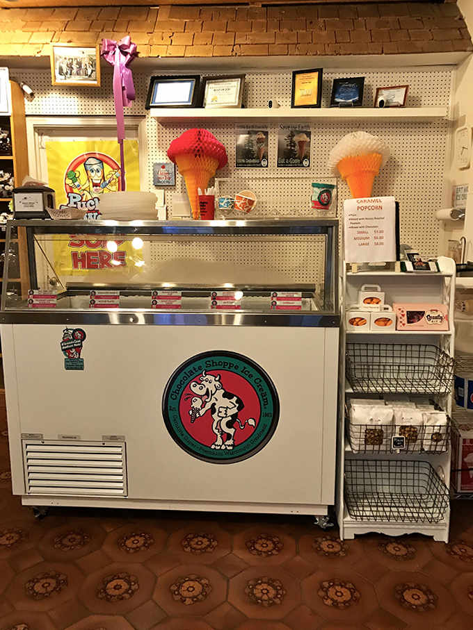 The vintage-style ice cream freezer adds old-school charm while serving up frozen treats that perfectly complement your candy haul.
