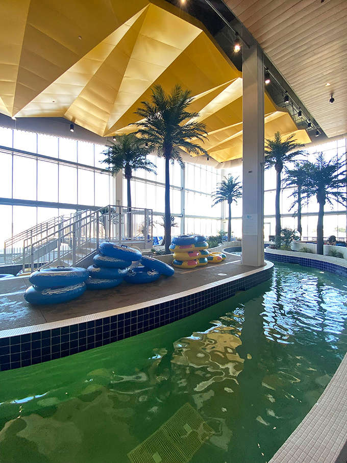 Inner tubes await their next passengers, ready to transport riders through The Lagoon's winding waterways on waves of chlorinated bliss.