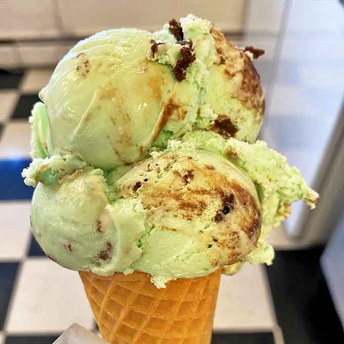 Mint ice cream that tastes like actual plants, not toothpaste, swirled with chocolate that snaps with purpose rather than apology.