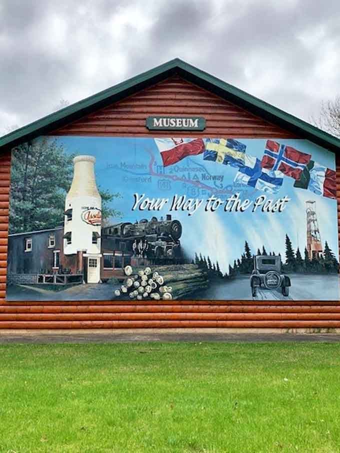 The museum's colorful mural invites visitors to step back in time, where trains, timber, and mining shaped the story of Norway.